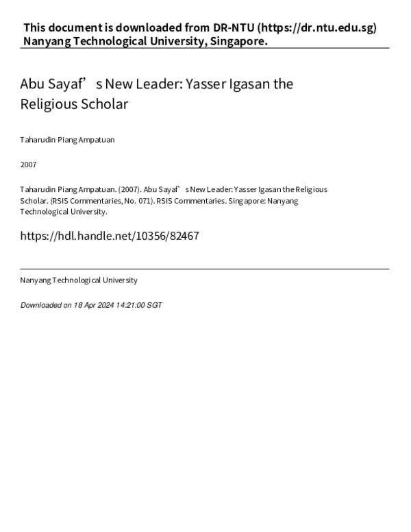 (PDF) Abu Sayaf’s New Leader: Yasser Igasan the Religious Scholar ...