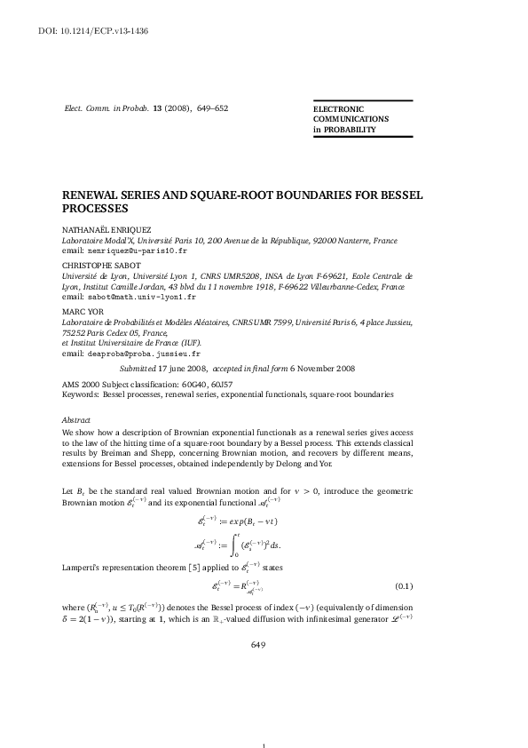 (PDF) Renewal series and square-root boundaries for Bessel processes