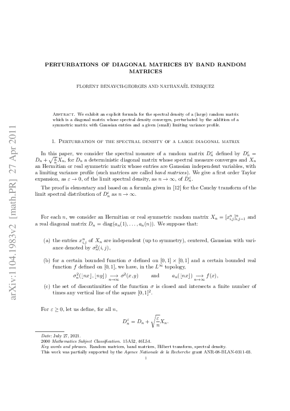 (PDF) Perturbations of diagonal matrices by band random matrices