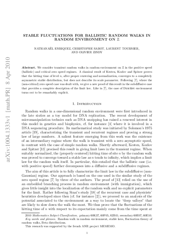 (PDF) Stable fluctuations for ballistic random walks in random environment on Z | Nathanael ...