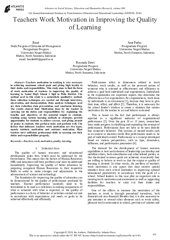 (PDF) Teachers Work Motivation in Improving the Quality of Learning