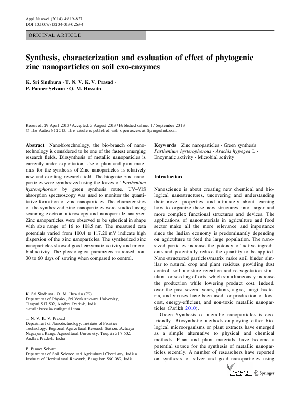 (PDF) Synthesis, characterization and evaluation of effect of phytogenic zinc nanoparticles on ...