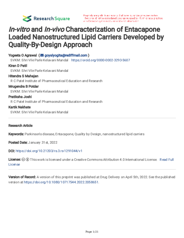 (PDF) In-vitro and In-vivo Characterization of Entacapone Loaded Nanostructured Lipid Carriers ...