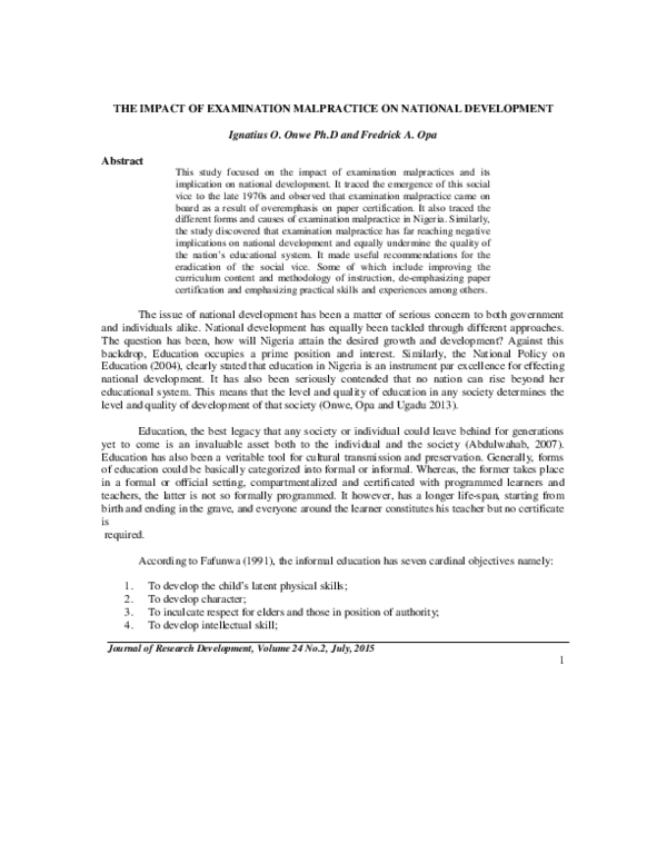 (PDF) The Impact of Examination Malpractice on National Development