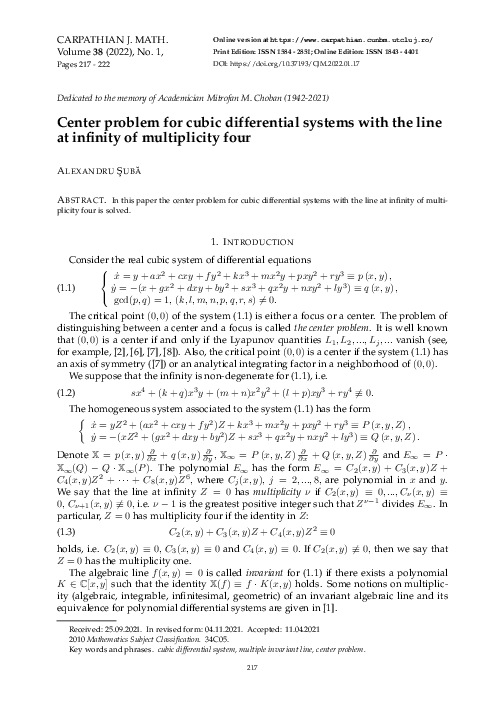 (PDF) Center problem for cubic differential systems with the line at ...