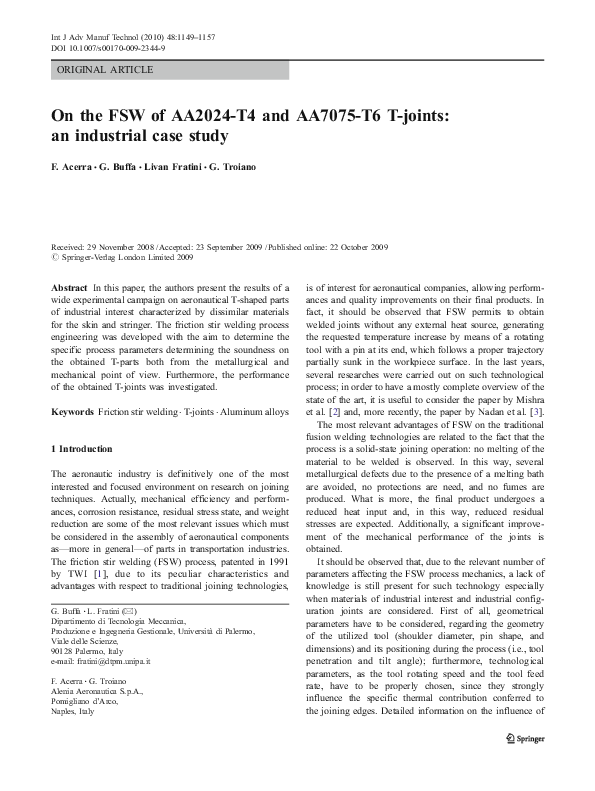 (PDF) On the FSW of AA2024-T4 and AA7075-T6 T-joints: an industrial ...