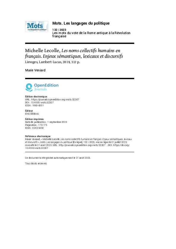 (PDF) Michelle Lecolle, Les noms collectifs humains en français. Enjeux ...