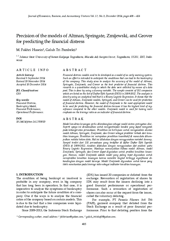 (PDF) Precision of the models of Altman, Springate, Zmijewski, and ...