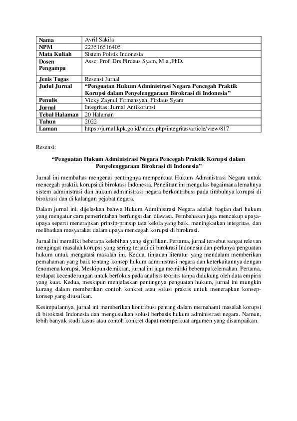 (PDF) Resensi Jurnal Judul Jurnal "Penguatan Hukum Administrasi Negara Pencegah Praktik Korupsi ...