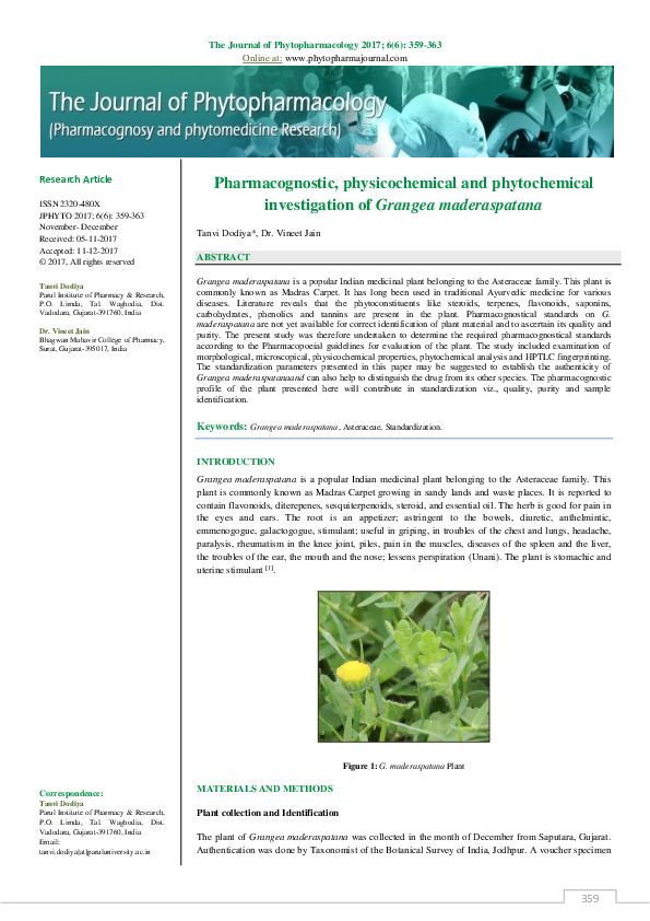 (PDF) Pharmacognostic, physicochemical and phytochemical investigation of Grangea maderaspatana