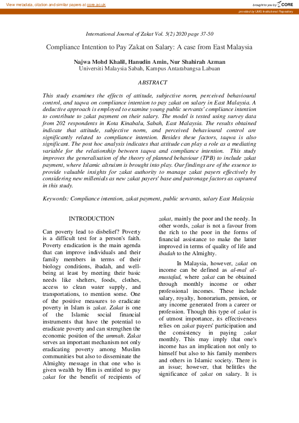 (PDF) Compliance Intention to Pay Zakat on Salary: A case from East Malaysia