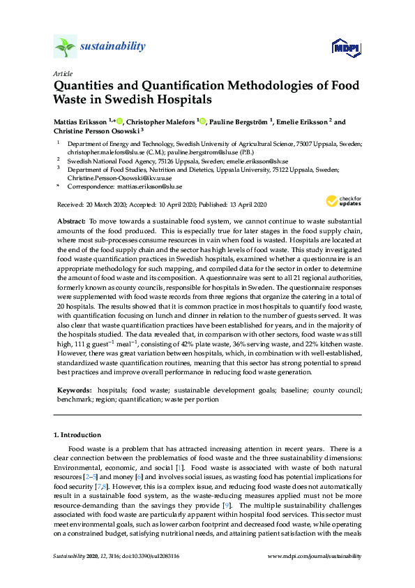 (PDF) Quantities and Quantification Methodologies of Food Waste in Swedish Hospitals | Christine ...