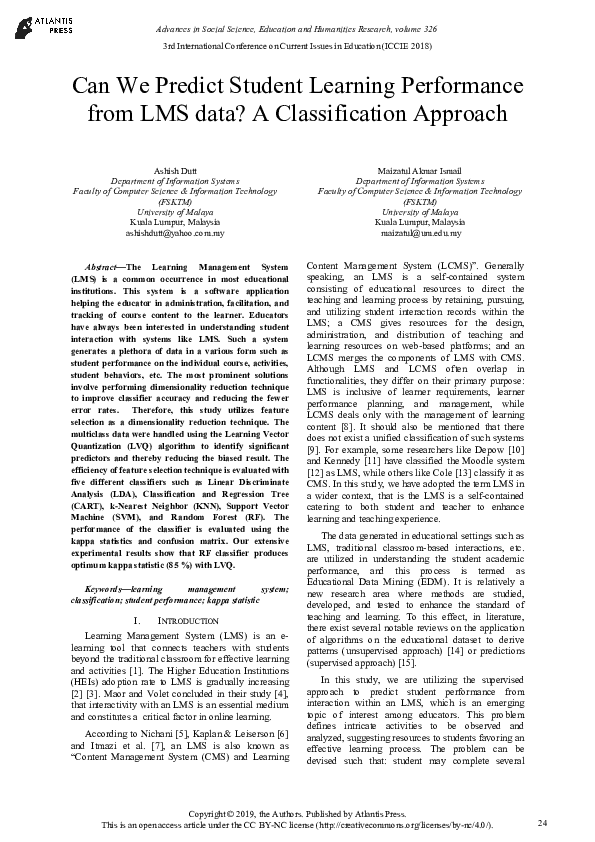 (PDF) Can We Predict Student Learning Performance from LMS Data? A Classification Approach