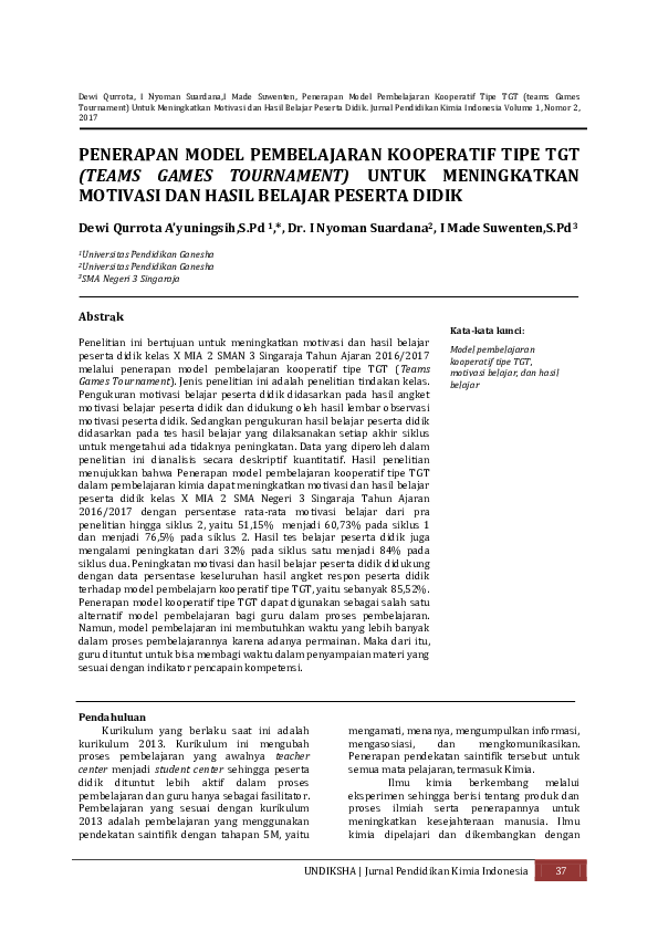 (PDF) Penerapan Model Pembelajaran Kooperatif Tipe TGT (Teams Games Tournament) Untuk ...