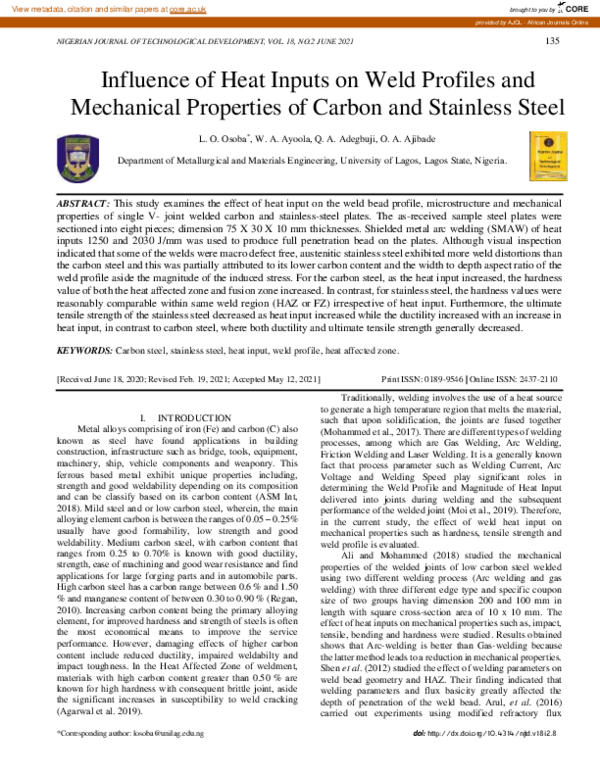 (PDF) Influence of Heat Inputs on Weld Profiles and Mechanical Properties of Carbon and ...