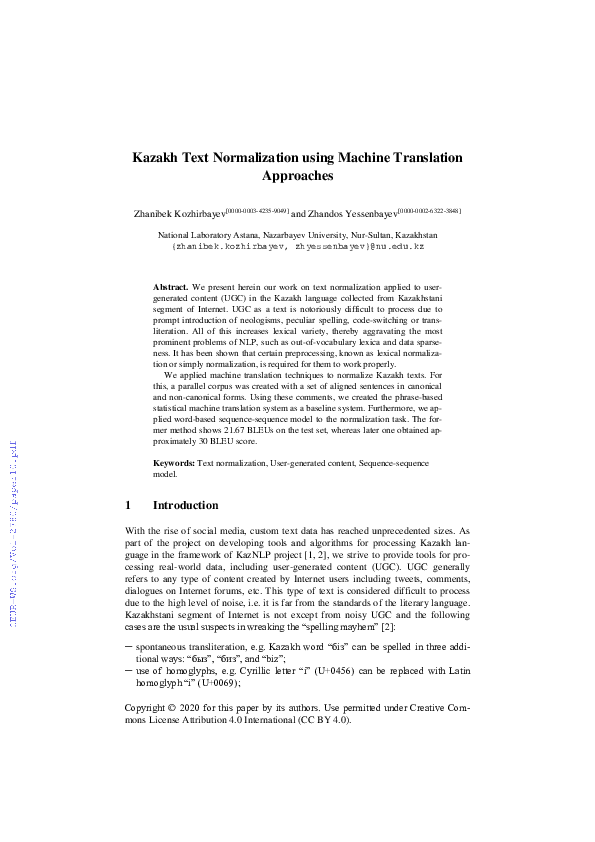 (PDF) Kazakh Text Normalization using Machine Translation Approaches