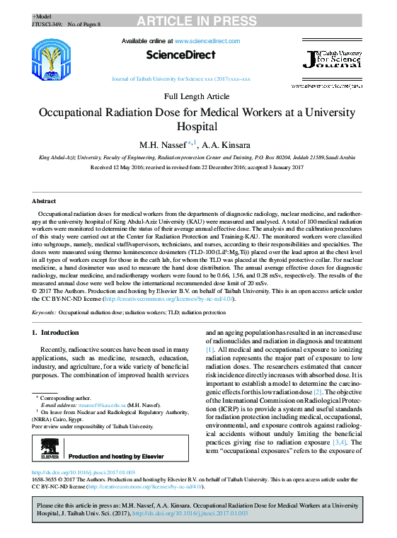 (PDF) Occupational Radiation Dose for Medical Workers at a University ...