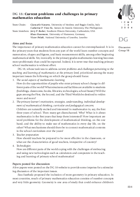 (PDF) DG 18 : Current problems and challenges in primary mathematics ...