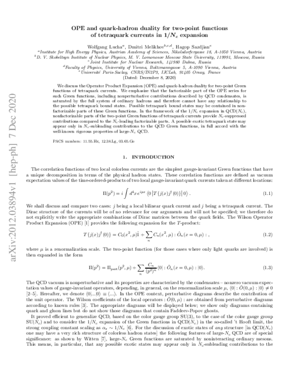 (PDF) OPE and quark-hadron duality for two-point functions of tetraquark currents in the 1/Nc ...