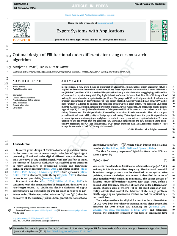 Pdf Optimal Design Of Fir Fractional Order Differentiator Using Cuckoo Search Algorithm