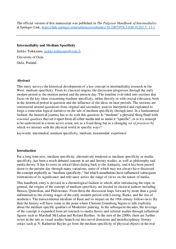 (PDF) Intermediality and Medium Specificity