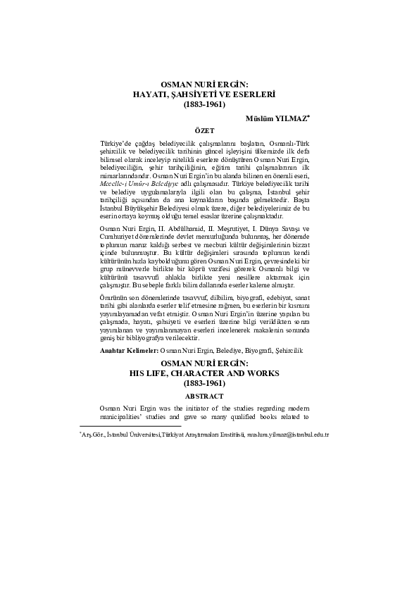 (PDF) OSMAN NURİ ERGİN: HAYATI, ŞAHSİYETİ VE ESERLERİ (1883-1961 ...