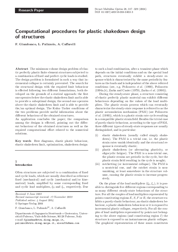 Pdf Computational Procedures For Plastic Shakedown Design Of Structures