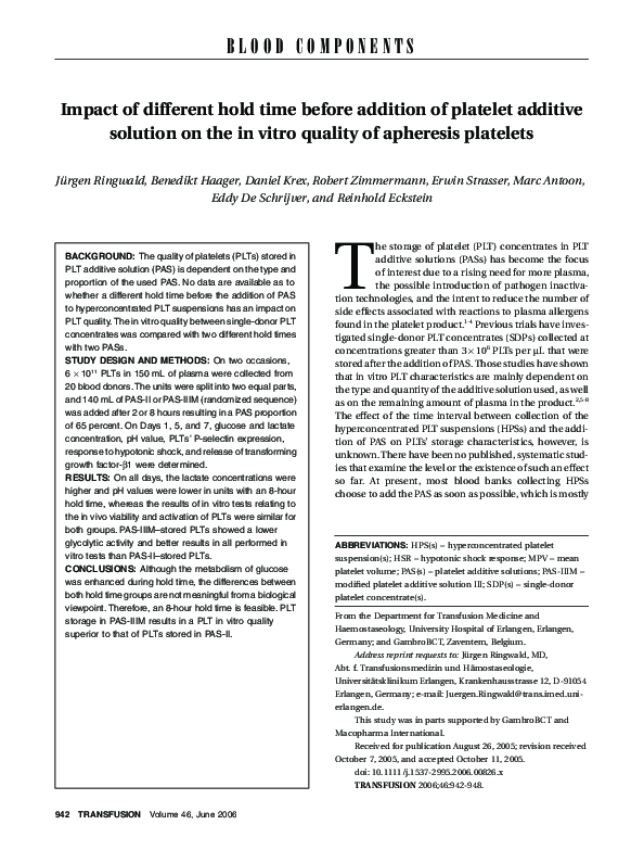 Pdf Impact Of Different Hold Time Before Addition Of Platelet Additive Solution On The In
