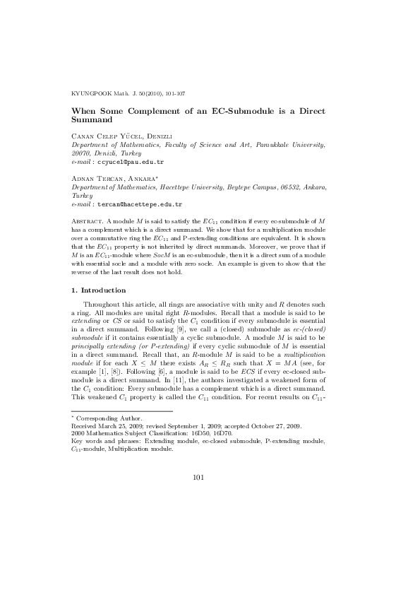 (PDF) When Some Complement of an EC-Submodule is a Direct Summand