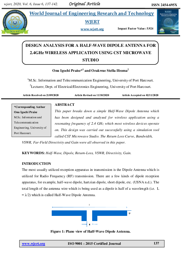 (PDF) DESIGN ANALYSIS FOR A HALF-WAVE DIPOLE ANTENNA FOR 2.4GHz WIRELESS APPLICATION USING CST ...