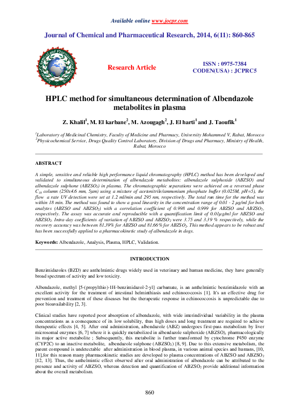 (PDF) HPLC method for simultaneous determination of Albendazole ...