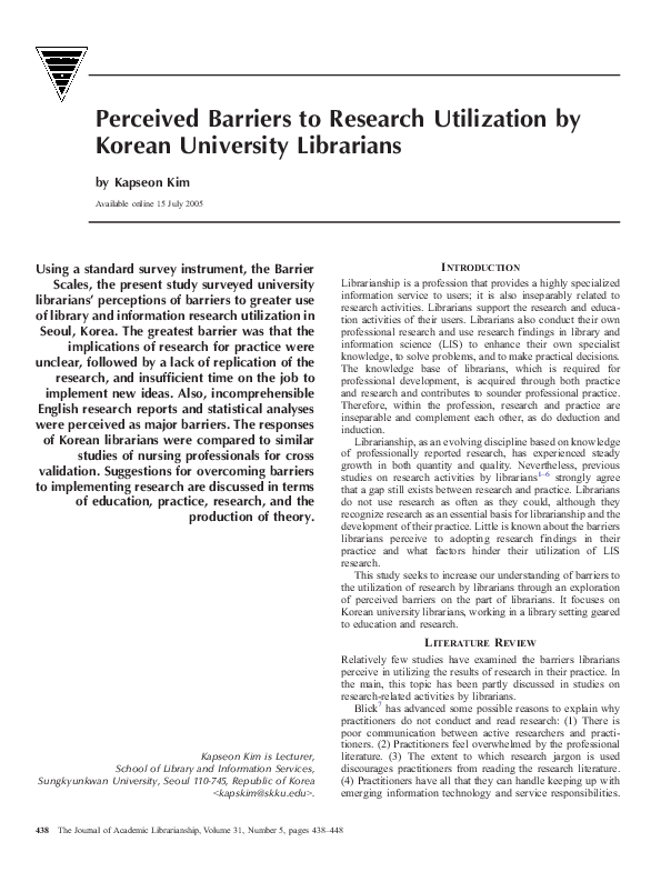 (PDF) Perceived Barriers to Research Utilization by Korean University Librarians