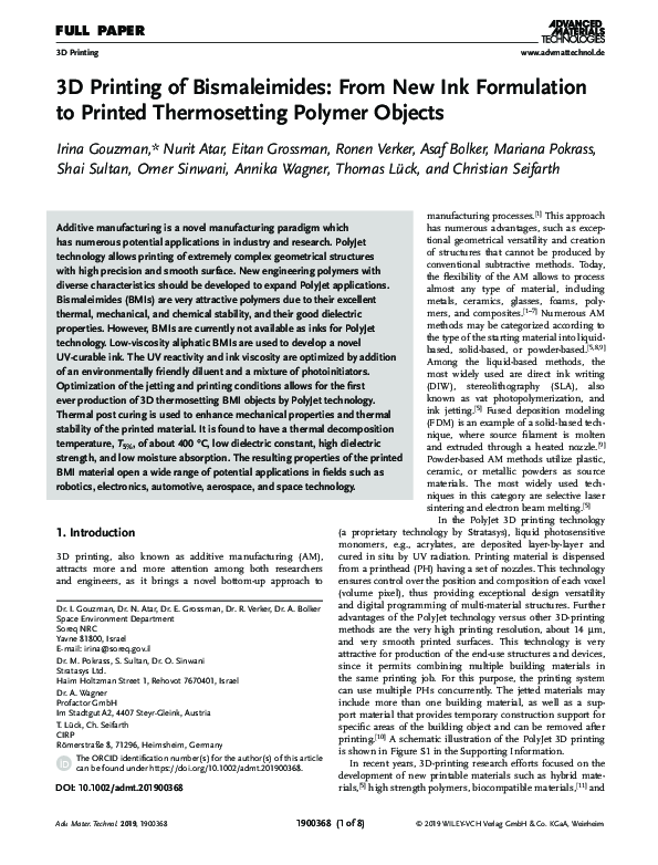 (PDF) 3D Printing of Bismaleimides: From New Ink Formulation to Printed Thermosetting Polymer ...