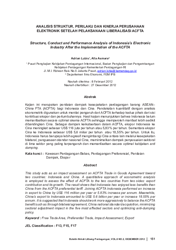 (PDF) Analisis Struktur, Perilaku Dan Kinerja Perusahaan Elektronik Setelah Pelaksanaan ...