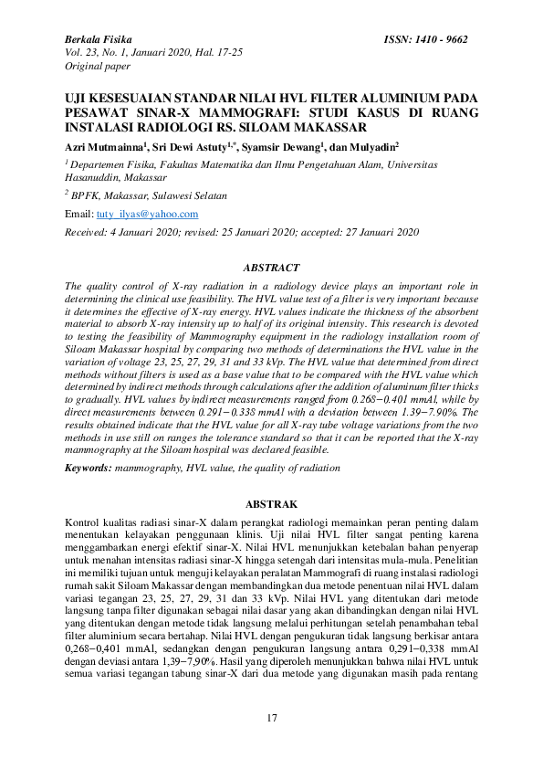 (PDF) Uji Kesesuaian Standar Nilai HVL Filter Aluminium Pada Pesawat Sinar-X Mammografi: Studi ...