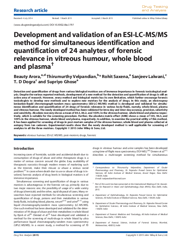(PDF) Development and validation of an ESI‐LC‐MS/MS method for simultaneous identification and ...