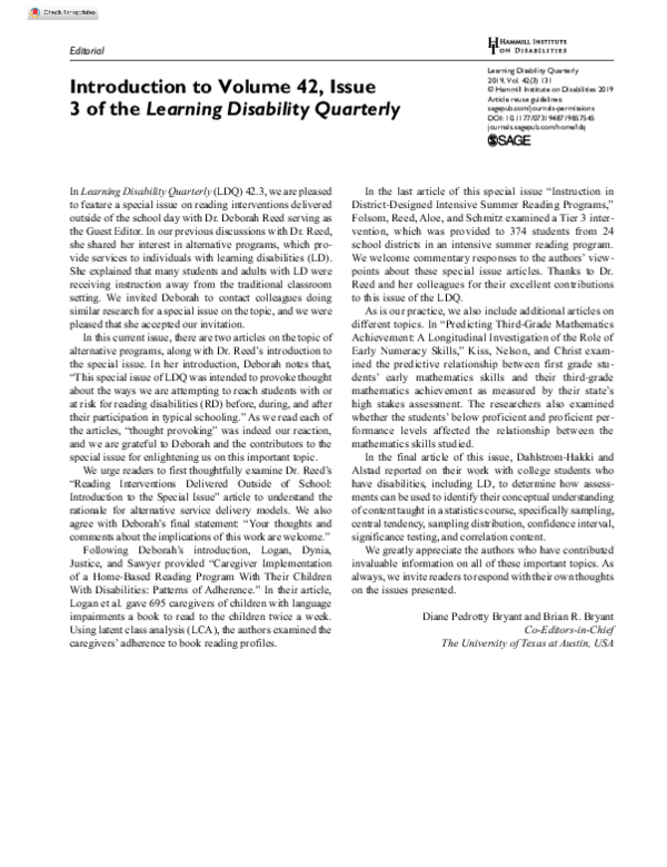 (PDF) Introduction to Volume, 42, Issue 3 of the Learning Disability Quarterly