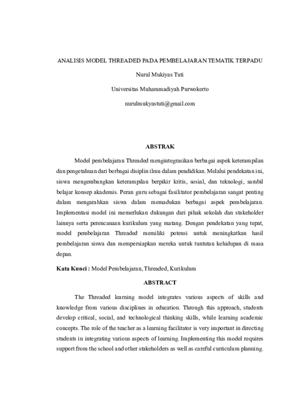 (PDF) ANALISIS MODEL THREADED PADA PEMBELAJARAN TEMATIK TERPADU