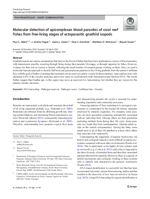 (PDF) Molecular detection of apicomplexan blood parasites of coral reef ...
