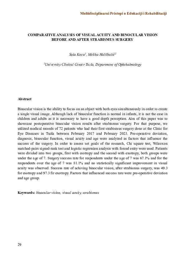 Pdf Comparative Analysis Of Visual Acuity And Binocular Vision Before And After Strabismus
