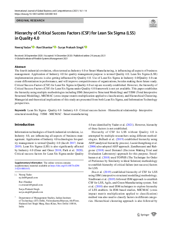 (PDF) Hierarchy of Critical Success Factors (CSF) for Lean Six Sigma (LSS) in Quality 4.0