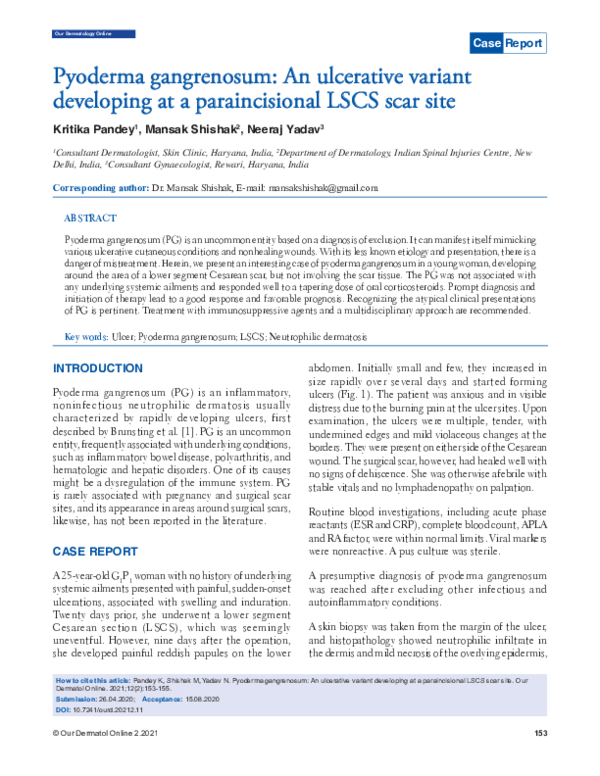 (PDF) Pyoderma gangrenosum: An ulcerative variant developing at a paraincisional LSCS scar site ...