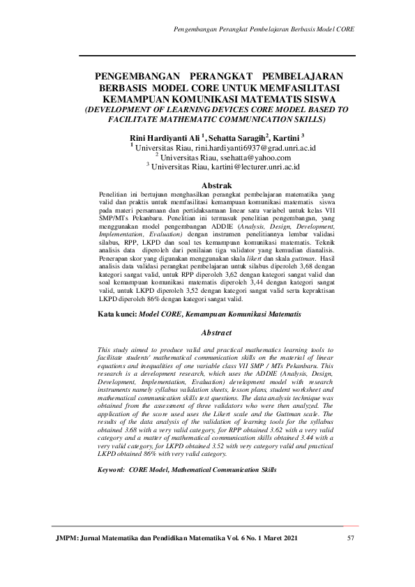 (PDF) Pengembangan Perangkat Pembelajaran Berbasis Model Core untuk Memfasilitasi Kemampuan ...