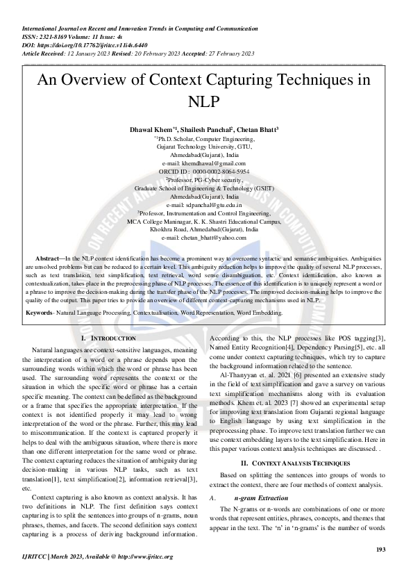(PDF) An Overview of Context Capturing Techniques in NLP | Shailesh ...