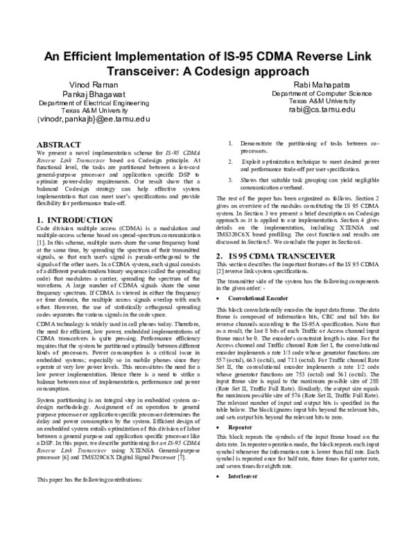 (PDF) An Efficient implementation of IS-95 CDMA reverse link Transceiver: A co design approach ...