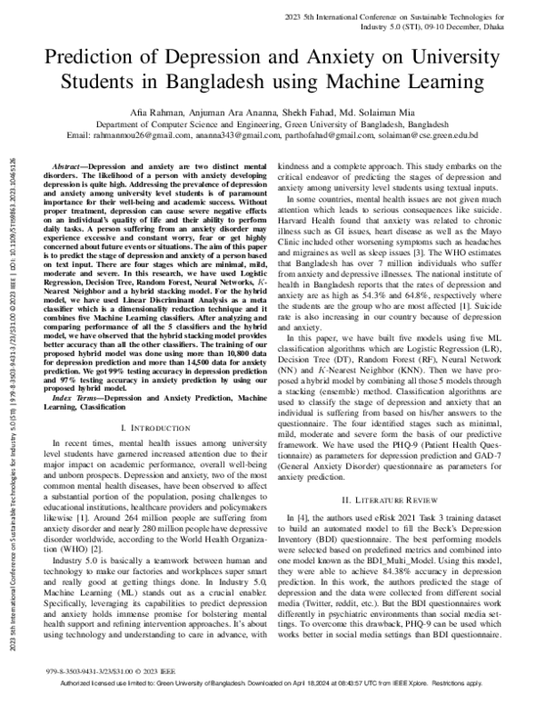 (PDF) Prediction of Depression and Anxiety on University Students in ...