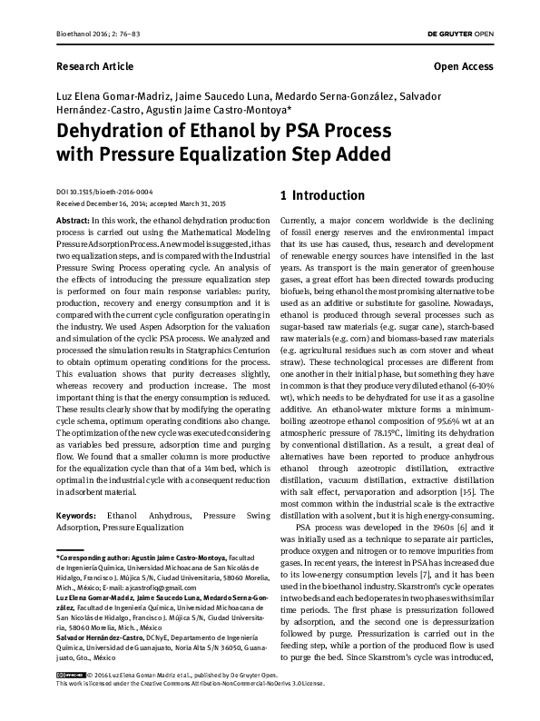 (PDF) Dehydration of Ethanol by PSA Process with Pressure Equalization ...