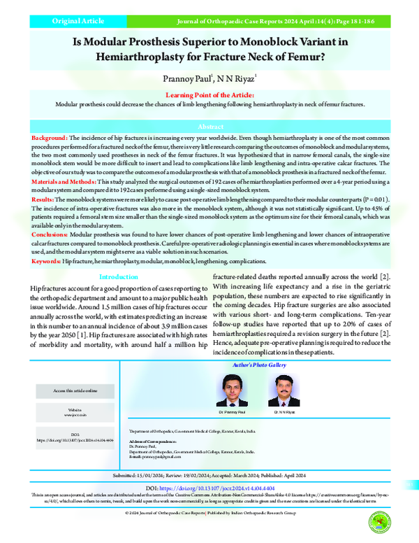 (PDF) Is Modular Prosthesis Superior to Monoblock Variant in ...