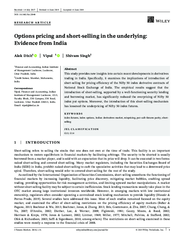 (PDF) Options pricing and short‐selling in the underlying: Evidence ...