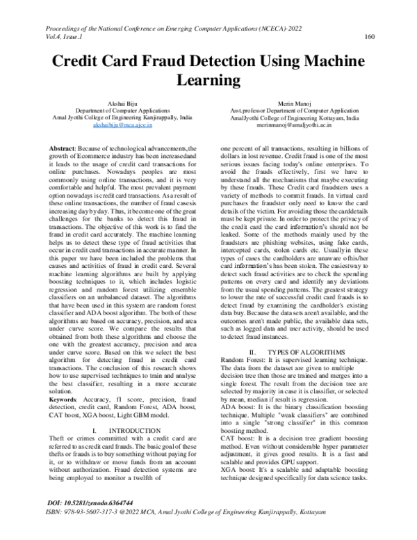 (PDF) Credit Card Fraud Detection Using Machine Learning